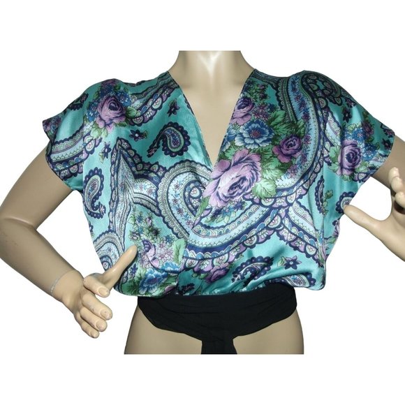 Cejon | Tops | Wrap Top Sm Navy Teal Purple Black Satin Wrap Tie Artsy ...